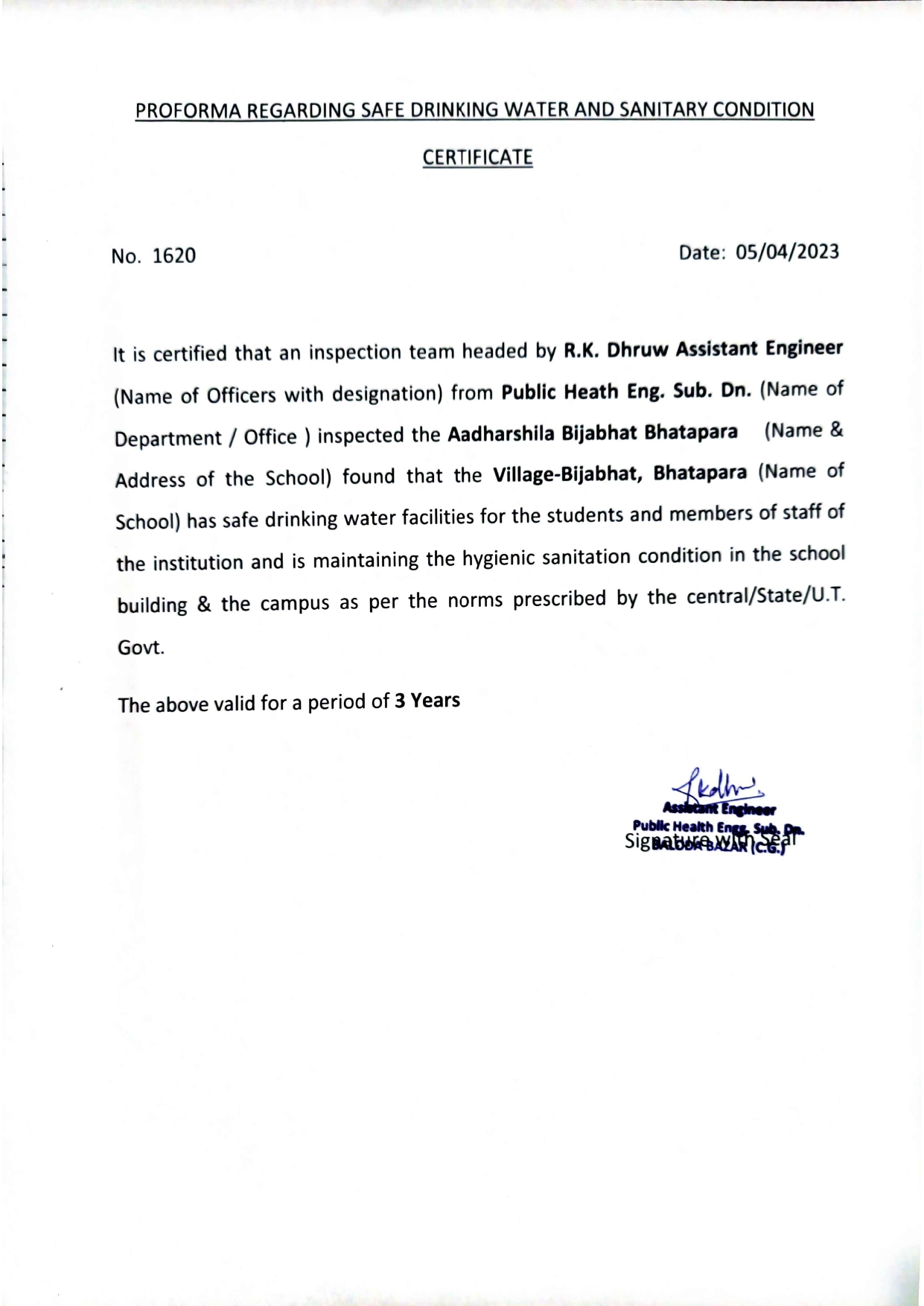Safe Drinking Water and Sanitary Condition – Aadharshila School